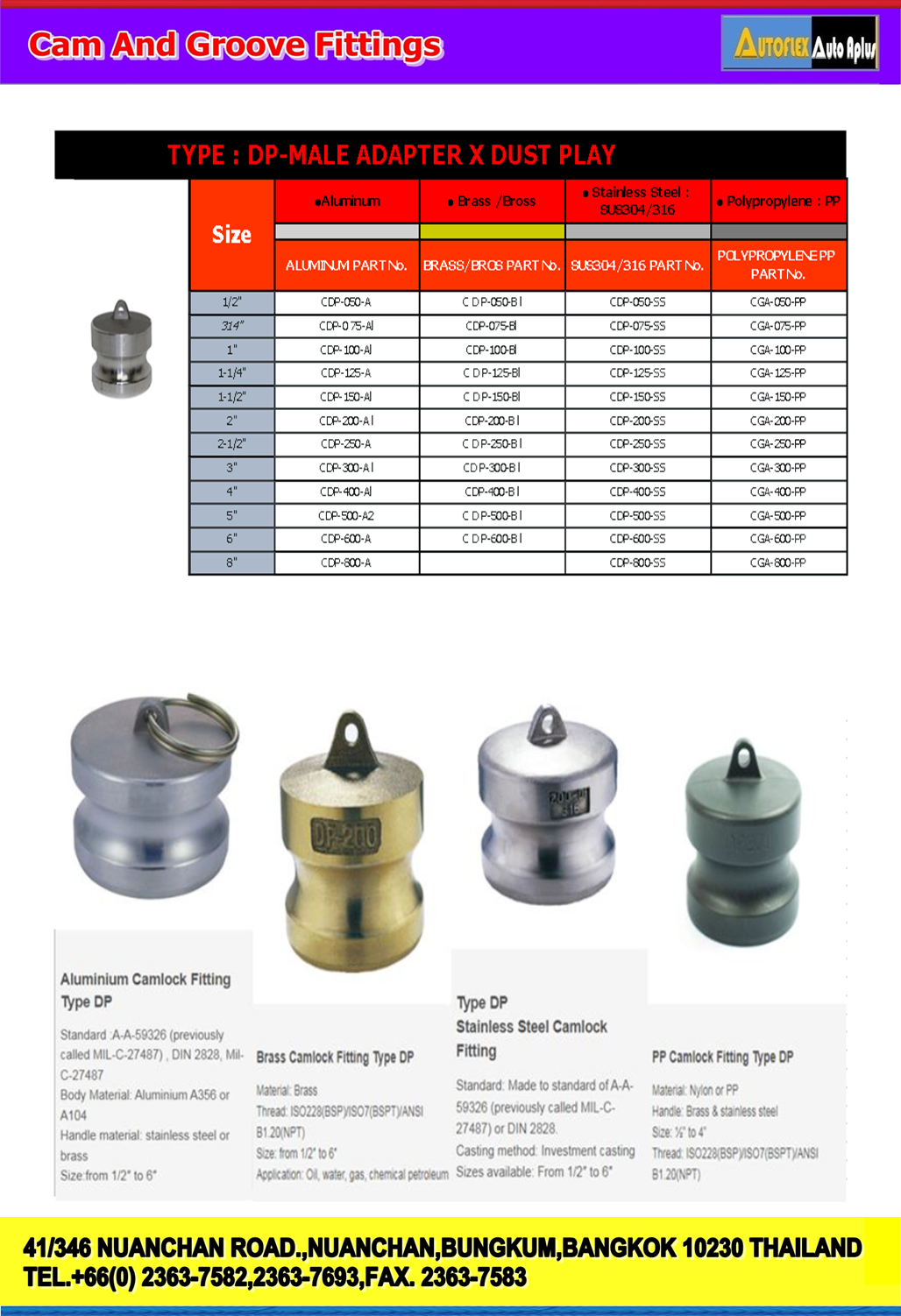 บริษัท ออโต้ เอ พลัส จำกัด : CAMLOCK AND GROOVE FITTINGS TYPE DP-MAT. STAINLESS STEELL SUS304-316