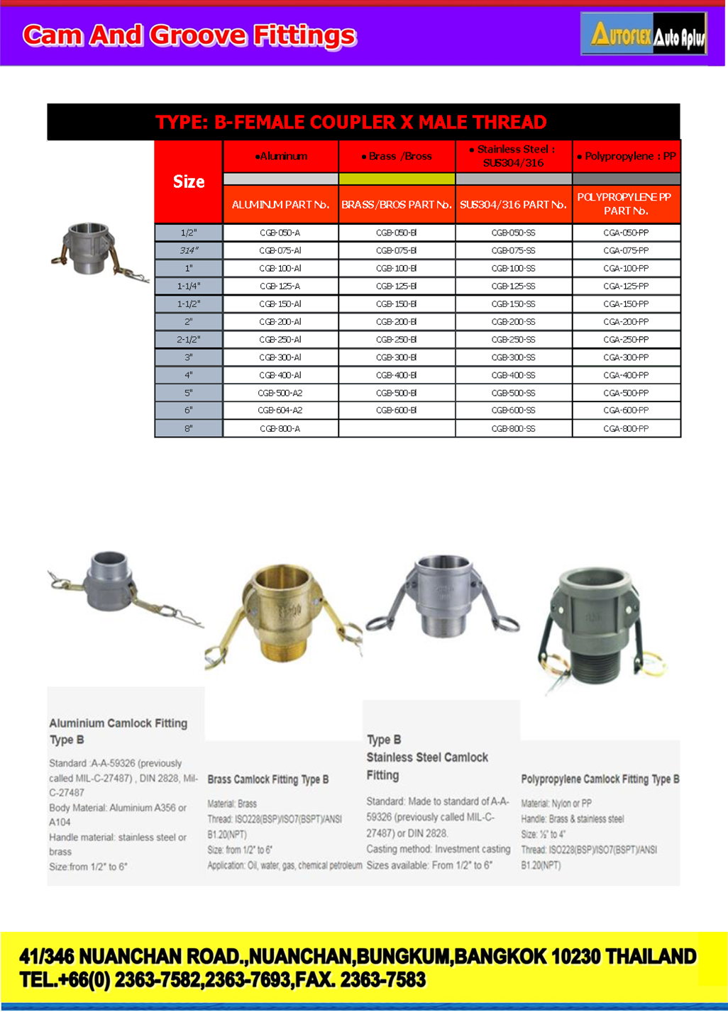 บริษัท ออโต้ เอ พลัส จำกัด : CAMLOCK AND GROOVE FITTINGS TYPE B-MAT. POLYPROPYLENE