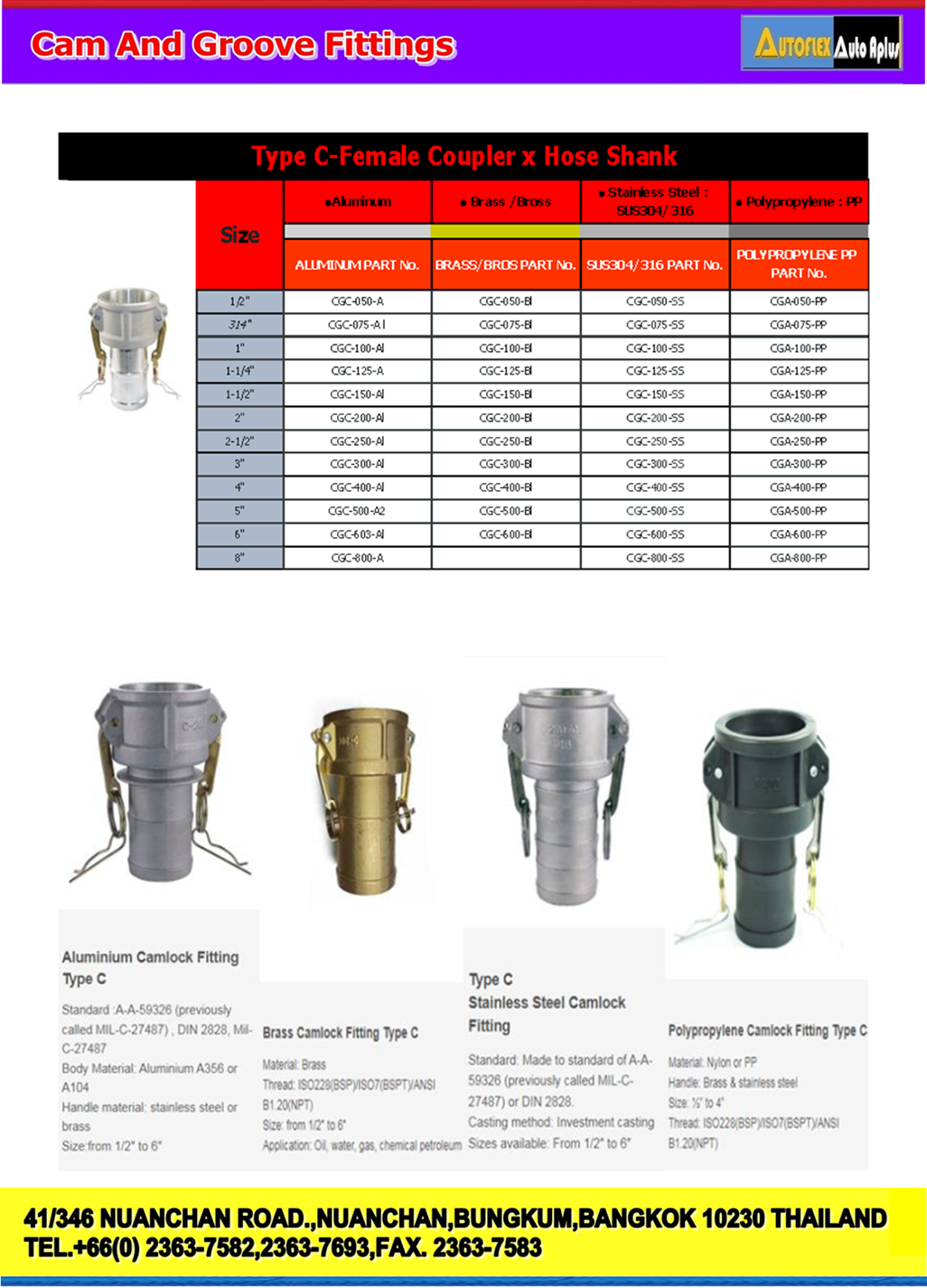 บริษัท ออโต้ เอ พลัส จำกัด : CAMLOCK AND GROOVE FITTINGS TYPE C -MAT. POLYPROPYLENE