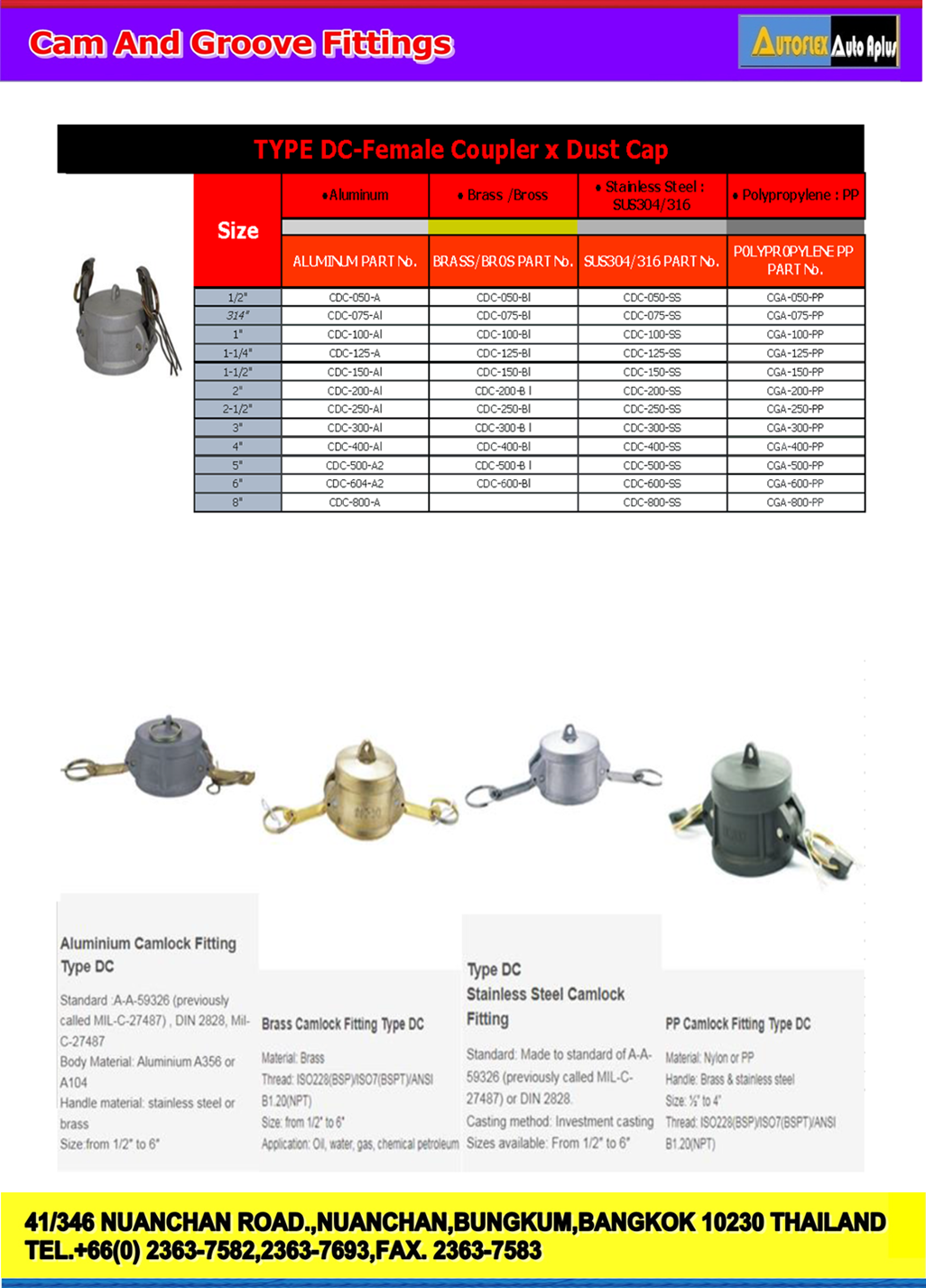 บริษัท ออโต้ เอ พลัส จำกัด : CAMLOCK AND GROOVE FITTINGS TYPE DC-MAT. POLYPROPYLENE